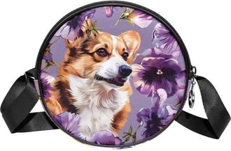 Generic Circle Sac &agrave; bandouli&egrave;re pour femme, motif floral violet Corgi, petit sac &agrave; bandouli&egrave;re avec fermeture &eacute;clair, bretelles r&eacute;glables, sac &agrave; main rond d&eacute;