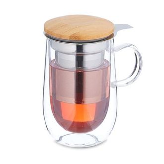 Relaxdays Tasse de thé, Verre, Double paroi, Couvercle en Bambou, infuseur en Acier INOX, capacité : 430 ML, Transparent