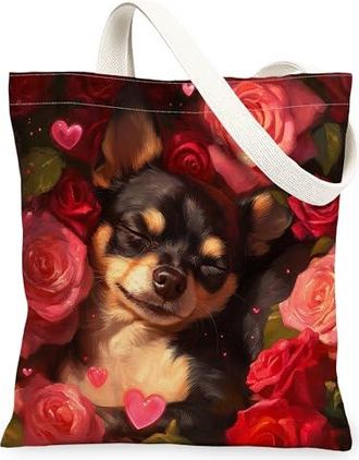 Generic Sac fourre-tout en toile motif chihuahua pour le shopping 33 x 38 cm, sac d&eacute;picerie r&eacute;utilisable pour la Saint-Valentin, motif roses romantiques, sac 