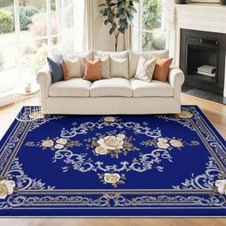 Generic Tapis &agrave; Motif Bordure Rectangulaire Classique Rose Grand Antid&eacute;rapant &agrave; Poils Courts Doux Chambre Poil Ras de Sol Bleu Royal, 120 x 180 cm