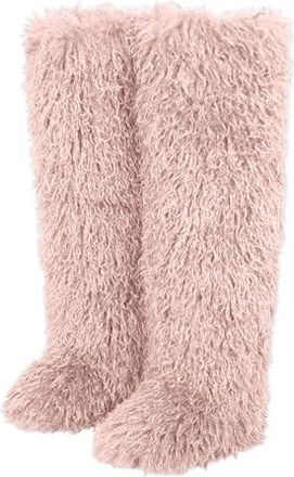 Generic Bottes dhiver en laine dagneau pour femme - Bottes hautes - Bottes longues avec bout rond - Bottes au-dessus du genou pour femme - 41, Rose clair, 46 
