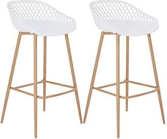 IDIMEX Lot de 2 tabourets de Bar IREK Chaise Haute pour Cuisine ou comptoir au Design Retro avec accoudoirs, en Plastique Blanc et m&eacute;tal d&eacute;cor Bois, Hauteur 
