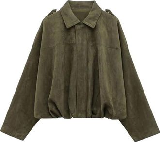 Generic Blouson aviateur &agrave; manches longues en faux daim pour femme - Style d&eacute;contract&eacute; - Surdimensionn&eacute; - V&ecirc;tement dext&eacute;rieur, vert militaire, XS