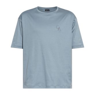Giorgio Armani Embroidered Logo T-Shirt - - Tops - Herren - Blau - S
