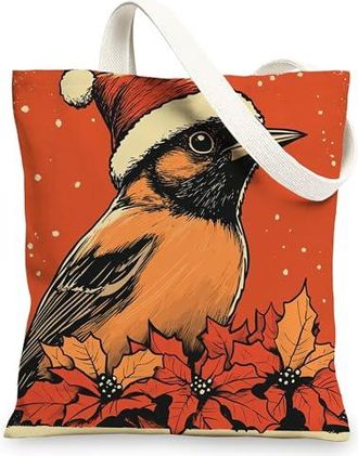 Generic Sac fourre-tout en toile avec motif doiseau doriole de No&euml;l pour le shopping, 33 x 38,1 cm, motif poinsettia de No&euml;l vintage, sac d&eacute;picerie r&eacute;utilisab