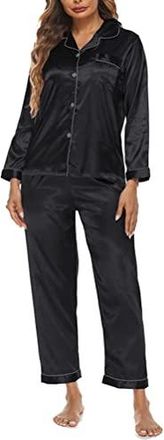 Onsoyours Ensemble de Pyjama Femme 2 Pièces Pyjama en Satiné De Soie avec Poche Manche Longue Classique Vêtements de Nuit C Noir L