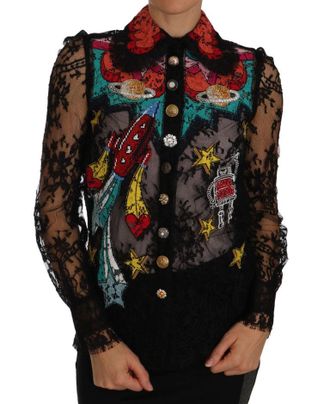Dolce & Gabbana Womens Black Lace Crystal Space Shirt Cotton
