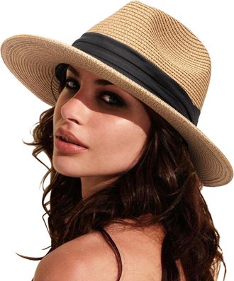 Dreshow Damen Panama Hut Breiter Krempe Stroh Sommer Fedora Strohhut Panama Aufrollen Hut Strand Rollbar UV Sonnenhut UPF 50 +