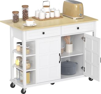 HOMCOM K&uuml;cheninsel auf R&auml;dern, klappbare Arbeitsplatte, K&uuml;chenwagen mit 2 Soft-Close-T&uuml;ren, 2 Schubladen, 6 offene Regale, wei&szlig;