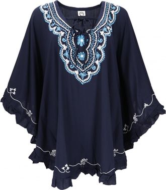 Guru Shop Bestickter Hippie Poncho, Tunika, Kaftan, Strandkleid, Maxi Größe - Nachtblau, Damen, Synthetisch