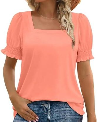 Generic T-shirt d&eacute;contract&eacute; &agrave; col carr&eacute; et manches smock&eacute;es pour femme - Haut &agrave; volants - Manches bouffantes - V&ecirc;tements tendance, rose, XXL