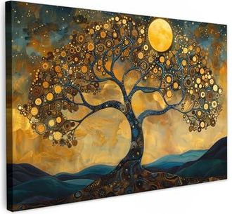 MuchoWow © Impressions sur Toile 120x80 cm Deco Tableau Murale Decoration Salon Peinture Tableaux Chambre Toiles Maison Arbre - Lune - Fleurs - Or - Art