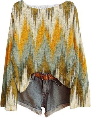 Generic Pull pour femme en tricot &agrave; manches longues et col rond - Coupe ample - Imprim&eacute; tendance - L&eacute;ger - Doux - Extensible - Confortable - Pour lautomne et 