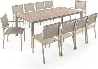 Oviala Table de jardin c&eacute;ramique effet bois 206 cm et 10 chaises cr&egrave;me - Tivoli