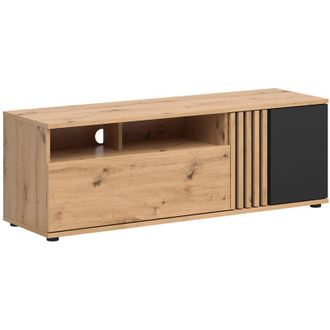 PEGANE Meuble TV &agrave; 1 porte et tiroir avec d&eacute;cor lamelles,coloris Ch&ecirc;ne artisan/Noir - Longueur 135,5 x Profondeur 40 x Hauteur 46,5 cm