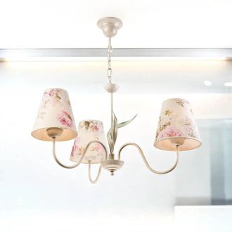 Licht-Erlebnisse Licht-erlebnisse - Kronleuchter Stoff Metall Creme Wei&szlig; Rosa E27 Floral Landhaus H&auml;ngelampe Wohnzimmer