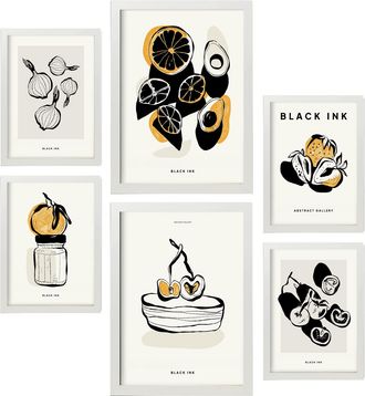 Nacnic Set mit 6 Postern in schwarzer Tinte. Snack. Künstlerische und abstrakte Drucke für Innenarchitektur und Dekoration. A3 & A4 weiße Rahmen