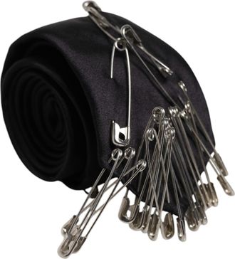 Dolce & Gabbana Mens Black Safety Pins Silk Adjustable Necktie Accessory Tie