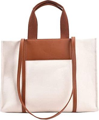 Generic Sac fourre-tout en toile de taille moyenne avec fermeture &eacute;clair pour femme avec poign&eacute;e sur le dessus, sac &agrave; bandouli&egrave;re d&eacute;contract&eacute;, WHITE-A, Medium