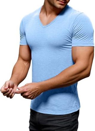 Generic T-shirt uni &agrave; manches courtes pour homme - Col rond - Avec col en V profond - Coupe ajust&eacute;e - L&eacute;ger - Basique - Pour l&eacute;t&eacute; et les loisirs, bleu ciel, 3