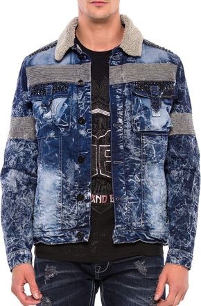 Cipo & Baxx Herren Jeansjacke CJ245 Blau - Stylische Denim Jacke im Used-Look mit Kunstfellkragen & Zierdetails - Modische &Uuml;bergangsjacke f&uuml;r Alltag, Freizeit & P