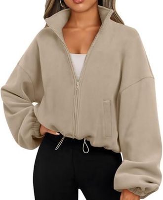 EUDOLAH Femme Sweat-Shirt Polaire avec Manches Longues Col Montant Shirt zippé col roulé Automme-Hiver Casual et Ample(Kaki,2XL)