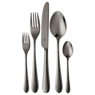 WMF Sitello Besteck Set 6 Personen, Midnight-Edition, Essbesteck Set 30 teilig, Monobloc-Messer, Cromargan Edelstahl poliert, Hammerschlag, ergonomisch, g