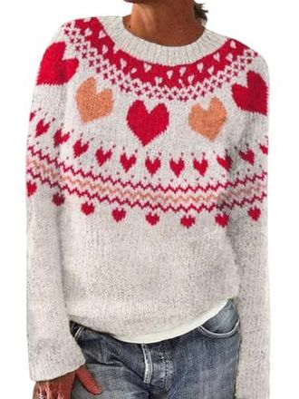 Minetom Pull Femme Norv&eacute;gien Chaud Chic Pullover De No&euml;l Tricot&eacute; Col Rond &Agrave; Manches Longues Sweater Motif Jacquard Grande Taille D&eacute;contract&eacute;s Automne Hiver C 