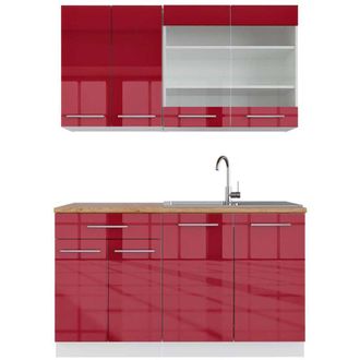 Vicco K&uuml;chenschr&auml;nke Fame-Line, Bordeaux Hochglanz/Wei&szlig;, 140 cm, AP Eiche, Vicco