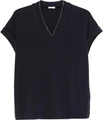 Brunello Cucinelli Femme, Tops, Bleu, Taille: 40 FR T-shirt &agrave; col en V orn&eacute;