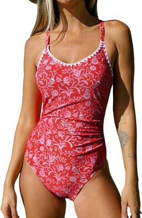 Cupshe Maillot de bain une pièce pour femme - Col rond - Dos noué - Point de coquillage froncé, Red Paisley, Taille S