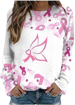 Generic T-Shirt pour Femmes sur Le Cancer du Sein Octobre Rose à Manches Longues Ruban Rose De Sensibilisation Au Cancer du Sein DOctobre Sport Oversize Sweat