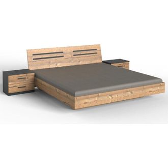 PEGANE Lit adulte double 160 x 200 + 2 chevets coloris effet bois - Longueur 169 x Profondeur 210 x Hauteur 81 cm -PEGANE