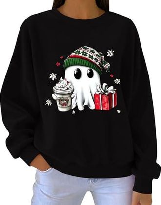 Generic Sweat imprimé de Noël pour femme, pull de Noël fantaisie mignon graphique 2025 col rond surdimensionné à manches longues pour les vacances festives et