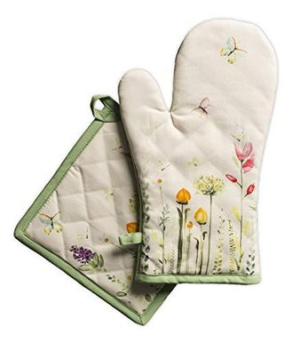 Maison d'Hermine Botanical Fresh Ensemble de Gants de Four de (19cm x 33cm) et maniques de (20cm x 20cm), 100% Coton, pour Barbecue, Cuisson, Four, Micro-Ondes, grilla