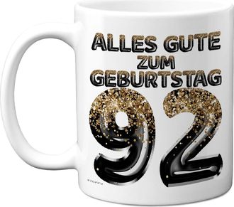 Stuff4 92. Geburtstagsgeschenke - Schwarz Gold Glitzerballons Tasse - Geburtstag Tasse f&uuml;r M&auml;nner und Frauen, 325 ml Premium-Keramiktasse, Sp&uuml;lmaschinenfest