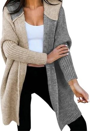 Generic Pull à capuche pour femme ouvert sur le devant à manches longues en tricot avec blocs de couleurs, Gris abricot, XL