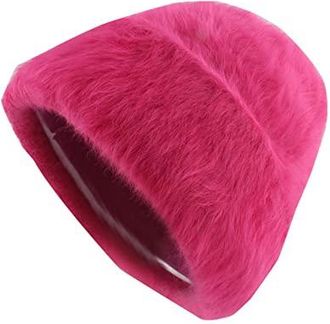 Generic Casquette unisexe en laine lisse solide et chaude sans bord en peluche, rose vif, Taille unique