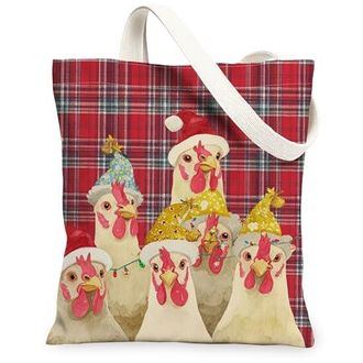 Generic Sacs fourre-tout festifs en toile motif volaille de vacances, sacs r&eacute;utilisables, vintage &agrave; carreaux l&eacute;gers et lavables en toile pour les voyages, Rou