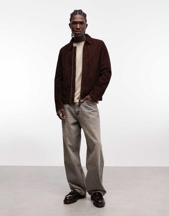 Schott NYC Blouson Harrington en daim v&eacute;ritable - Marron chocolat-Brown