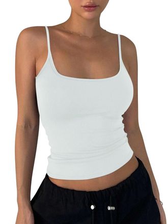 Onsoyours Spaghetti Top Damen Sommer Tank Top &Auml;rmellose Oberteile Sexy Slim Fit Cami Crop Top Einfarbig Basic Shirts A Wei&szlig; XS