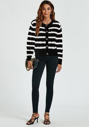 FS Collection Strickjacke Strickjacke Cardigan mit Streifenmuster aus Wollmischung - Onesize (Einheitsgr&ouml;&szlig;e: UK 8-16 / EU 36-44, 3 Farben : Creme/Schwarz, Schwarz/W