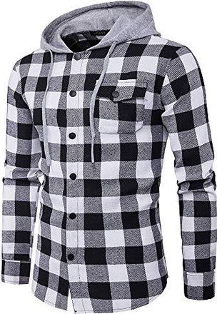 Generic Chemise &agrave; manches longues &agrave; carreaux pour hommes : sweat-shirt avec cordon de serrage chemise sup&eacute;rieure avec boutons-pression chemise de sport &agrave; capu
