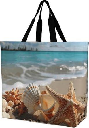 Generic Coquillages Et &Eacute;toiles De Mer Sur La Plage Sac Fourre Tout R&eacute;utilisable Sacs Grand Sac A Main Femmes Pour Gym Shopping Quotidienne