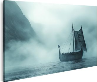 Islandburner Bild auf Leinwand Wikingerschiff im mystischen Nebel Bilder Wandbilder Poster