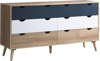 Vente-Unique Commode 6 tiroirs - Coloris : Naturel, Blanc et Bleu Marine - LURVIA