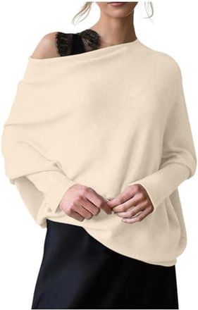 Generic Pull asym&eacute;trique drap&eacute; pour femme, manches longues chauve-souris, col bateau, &eacute;paules d&eacute;nud&eacute;es, pull tunique pull, beige, Taille unique