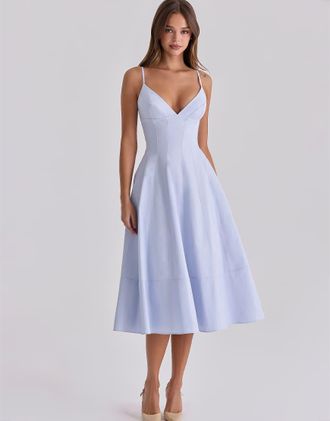 House of CB Millie - Midi-Sommerkleid aus Baumwolle in Glockenblumenblau mit Schn&uuml;rung