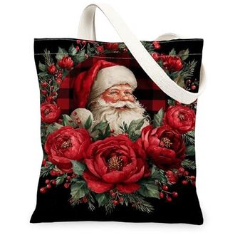 Generic Sac fourre-tout en toile &agrave; motif floral, motif P&egrave;re No&euml;l festif rose, sac d&eacute;picerie r&eacute;utilisable, sac de No&euml;l vintage, l&eacute;ger et lavable, toile pour le