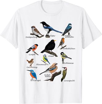 jz.birds Gartenvögel Vogel Zeichnung Amsel Blaumeise Rotkehlchen T-Shirt